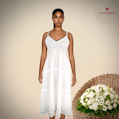 Pure Comfort: Ankle-Length Pure Cotton White Dress-NV91533/E – Navasaarigai